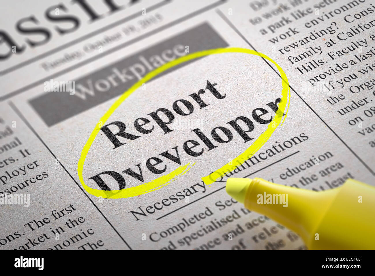 Report Developer Vacancy in Newspaper Stock Photo - Alamy