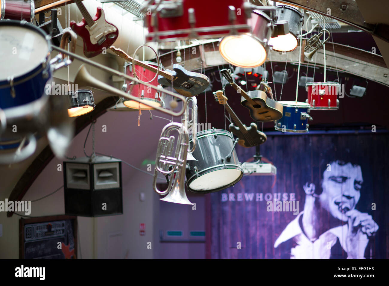 Musical instruments hanging from the ceiling in the Brewhouse pub ...