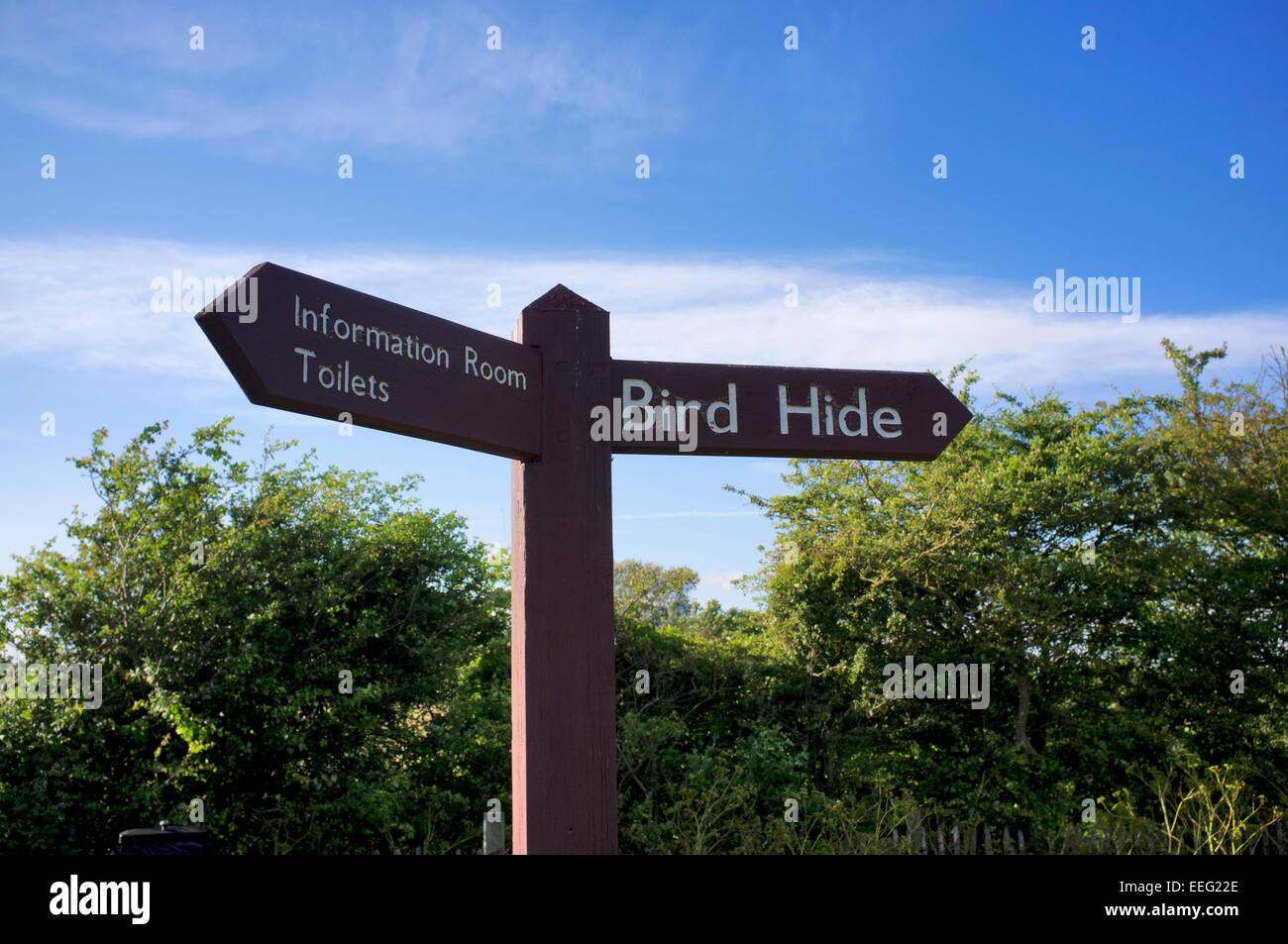 Finger post directional sign , information room, toilets, bird hide ...