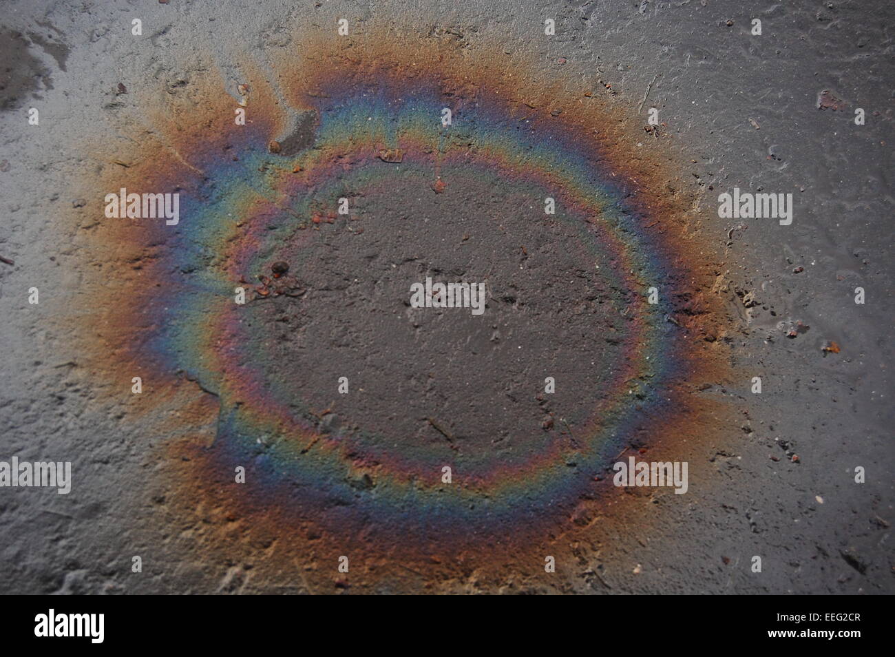 A multi-coloured, circular, puddle of oil on a road Stock Photo - Alamy