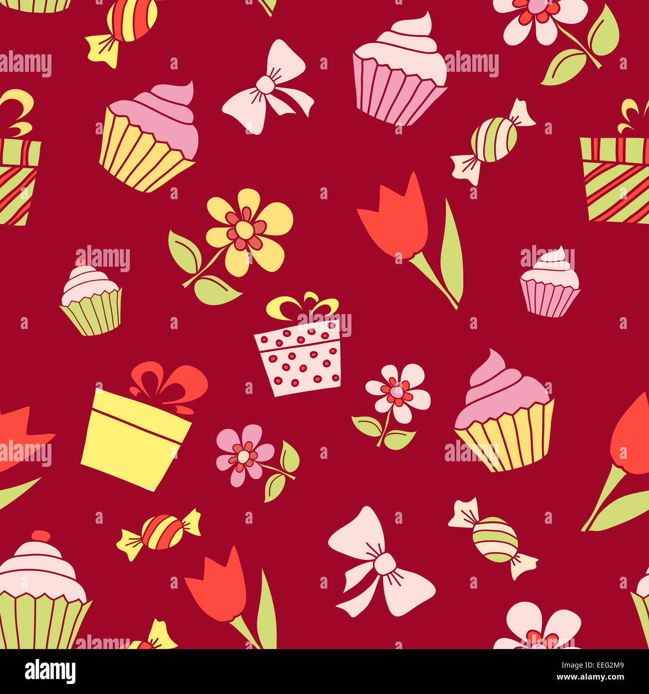 Hand drawn holiday items, seamless pattern on maroon background. Raster ...
