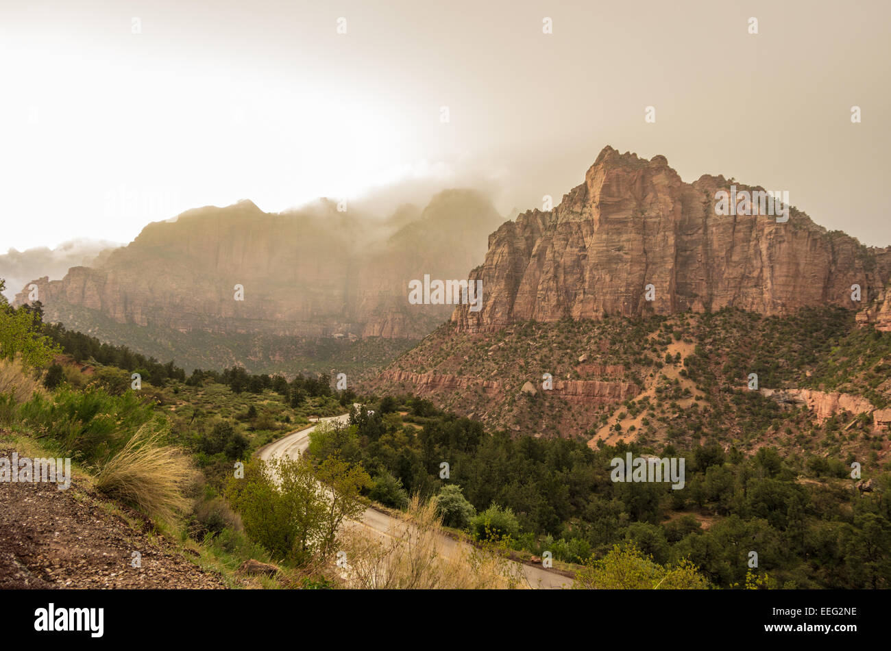 Fog rises in Zion Canyon in Utah Stock Photo - Alamy