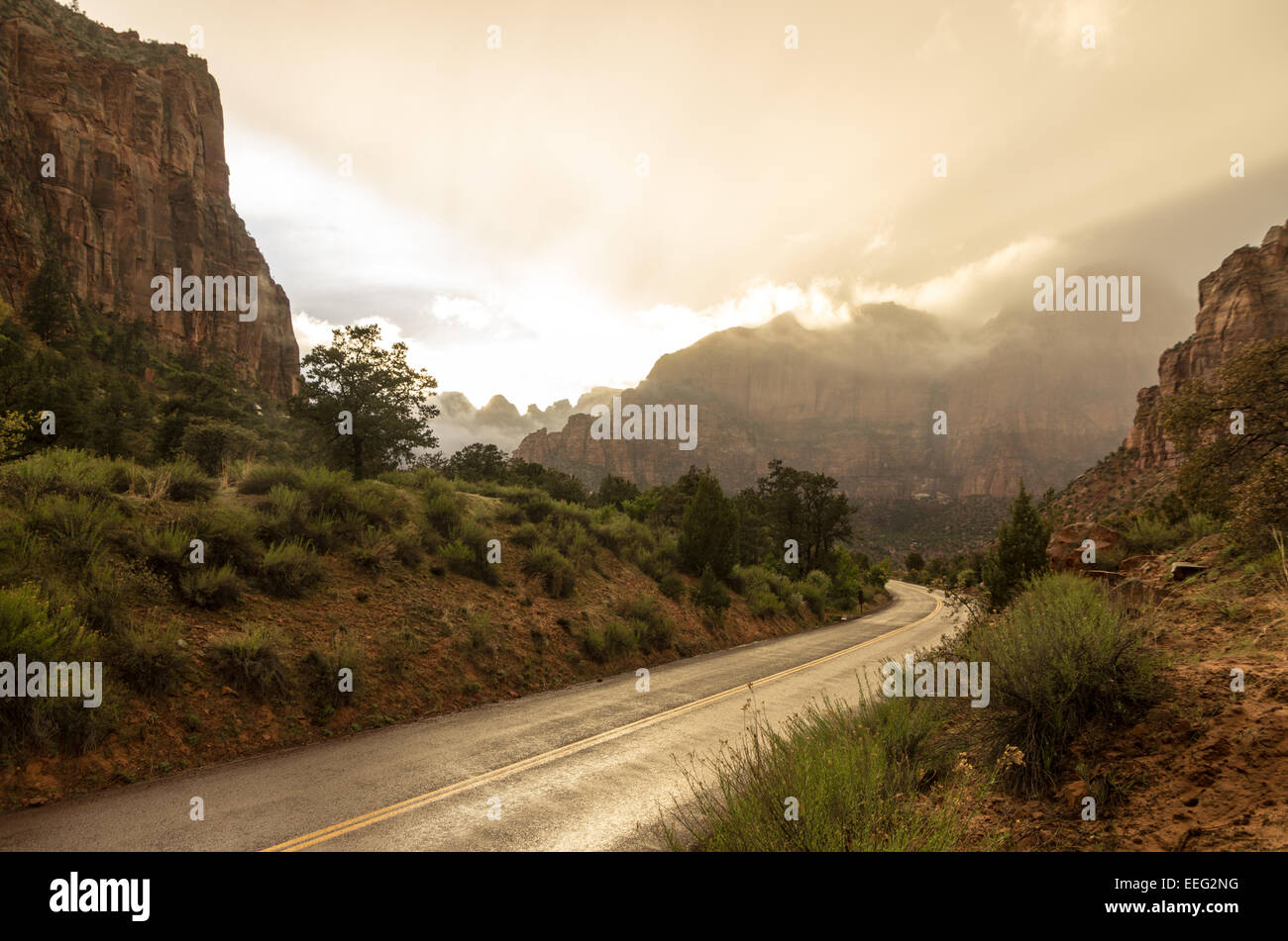 Fog rises in Zion Canyon in Utah Stock Photo - Alamy