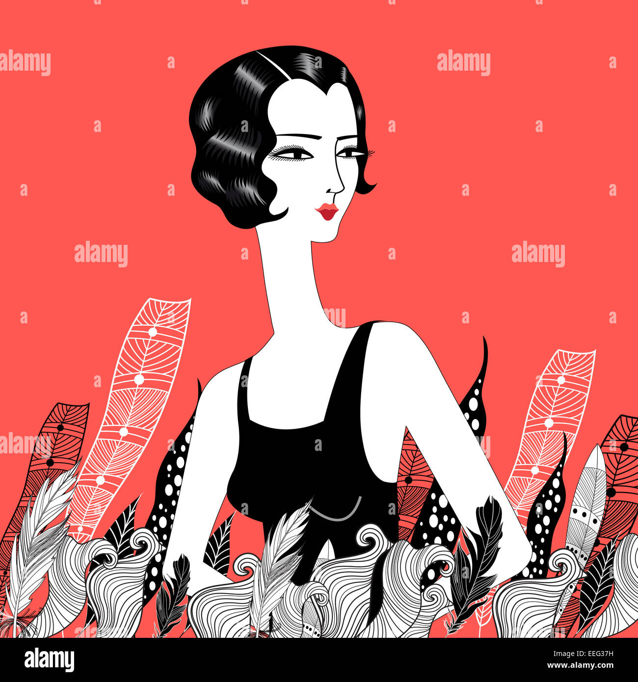 graphic portrait retro girl on a red background Stock Photo - Alamy