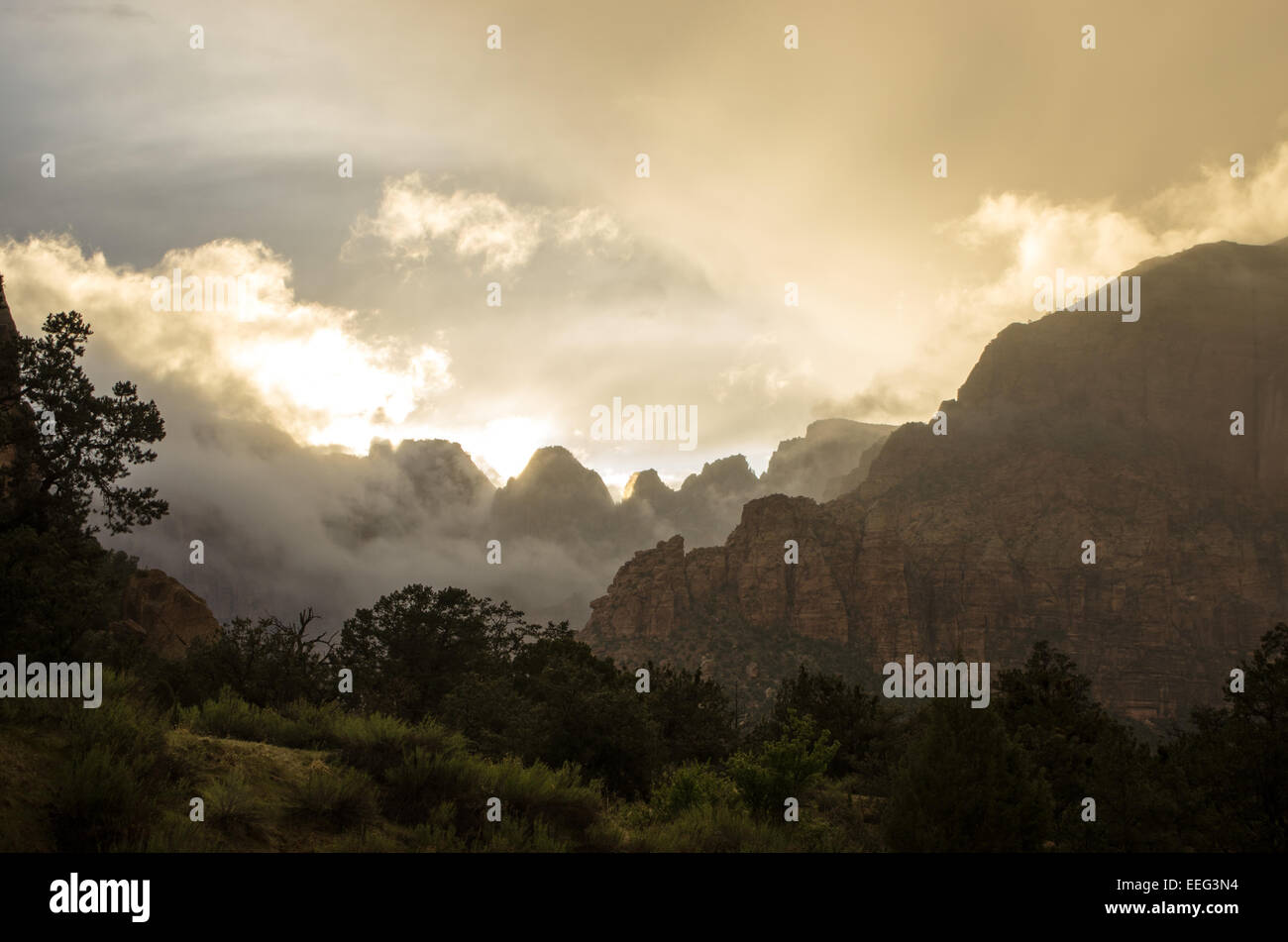 Fog rises in Zion Canyon in Utah Stock Photo - Alamy