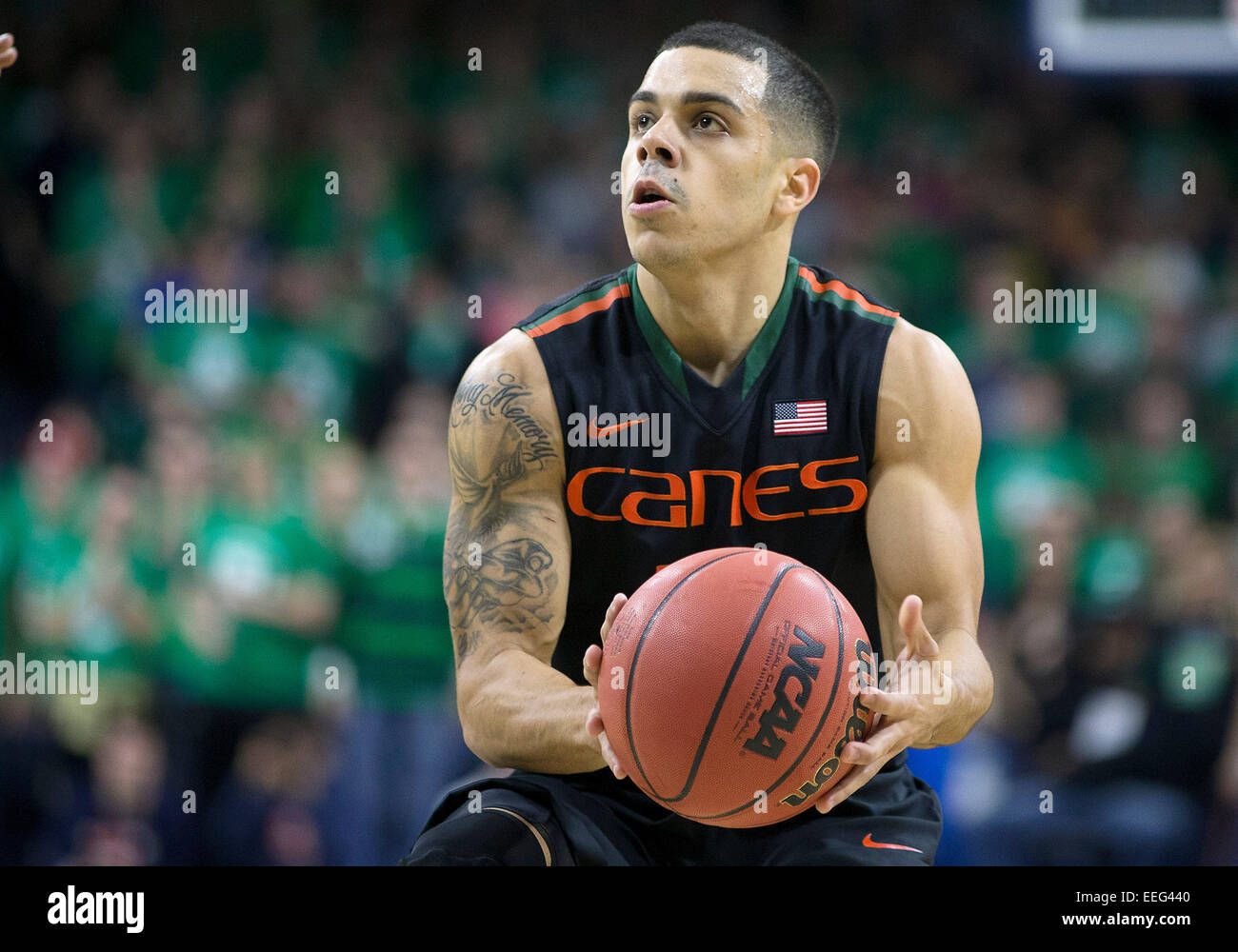 South Bend, Indiana, USA. 17th Jan, 2015. Miami guard Angel Rodriguez ...