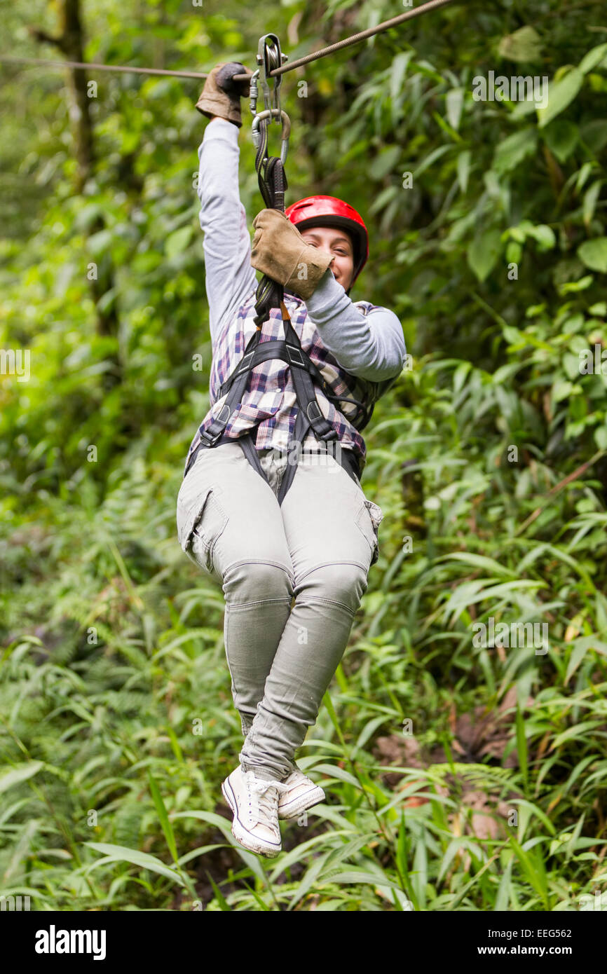 Adult Tourist Wearing Casual Clothing On Zip Line Trip Tungurahua ...