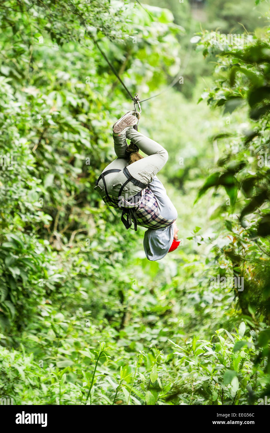 Adult Tourist Wearing Casual Clothing On Zip Line Trip Tungurahua ...