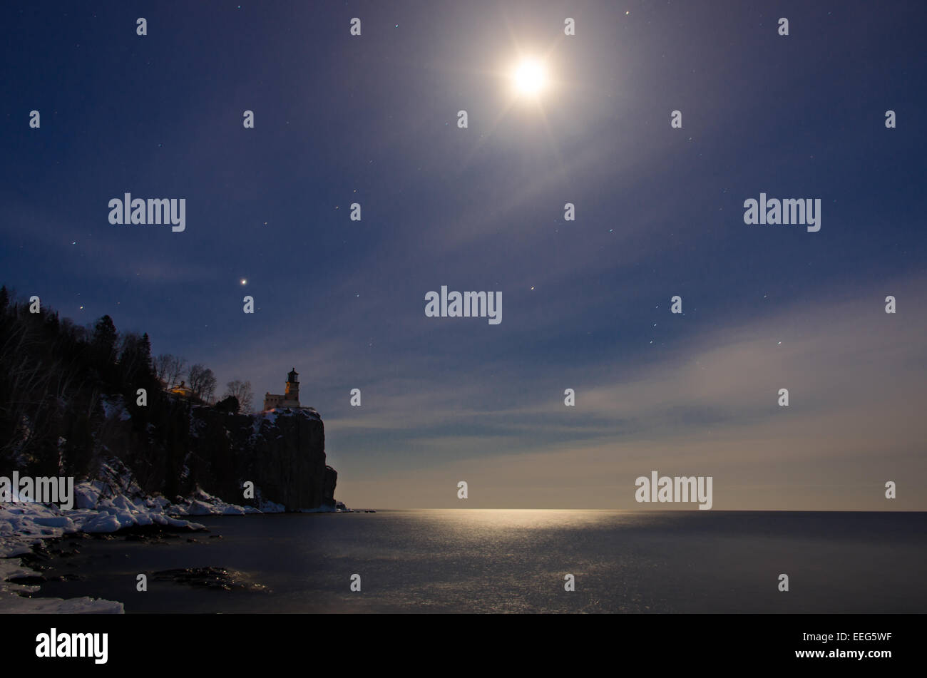 Split Rock Lighthouse glows under the moon on the shore of Lake ...