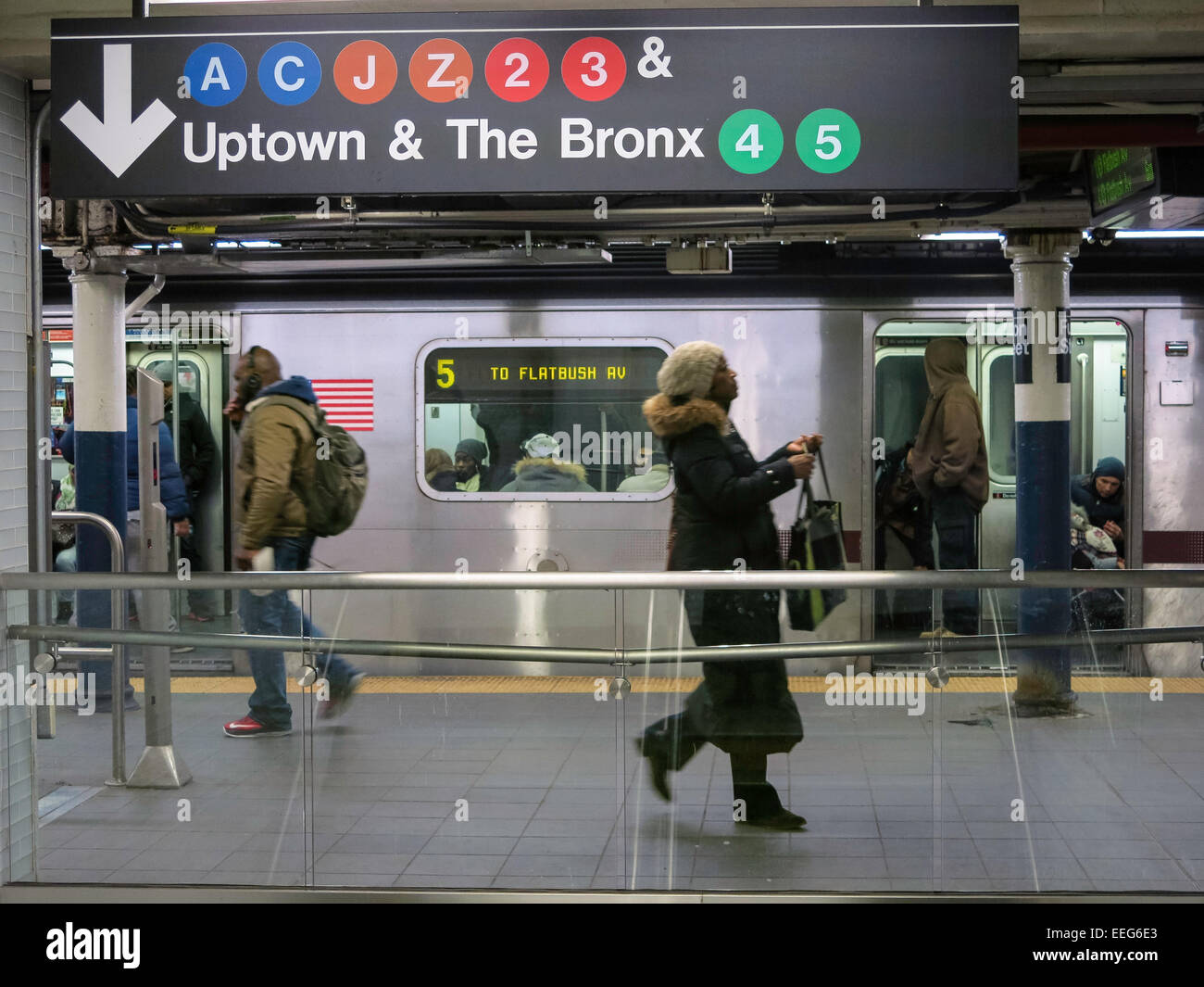 5 Train Arriving, The Fulton Center Subway Station in Lower Manhattan ...