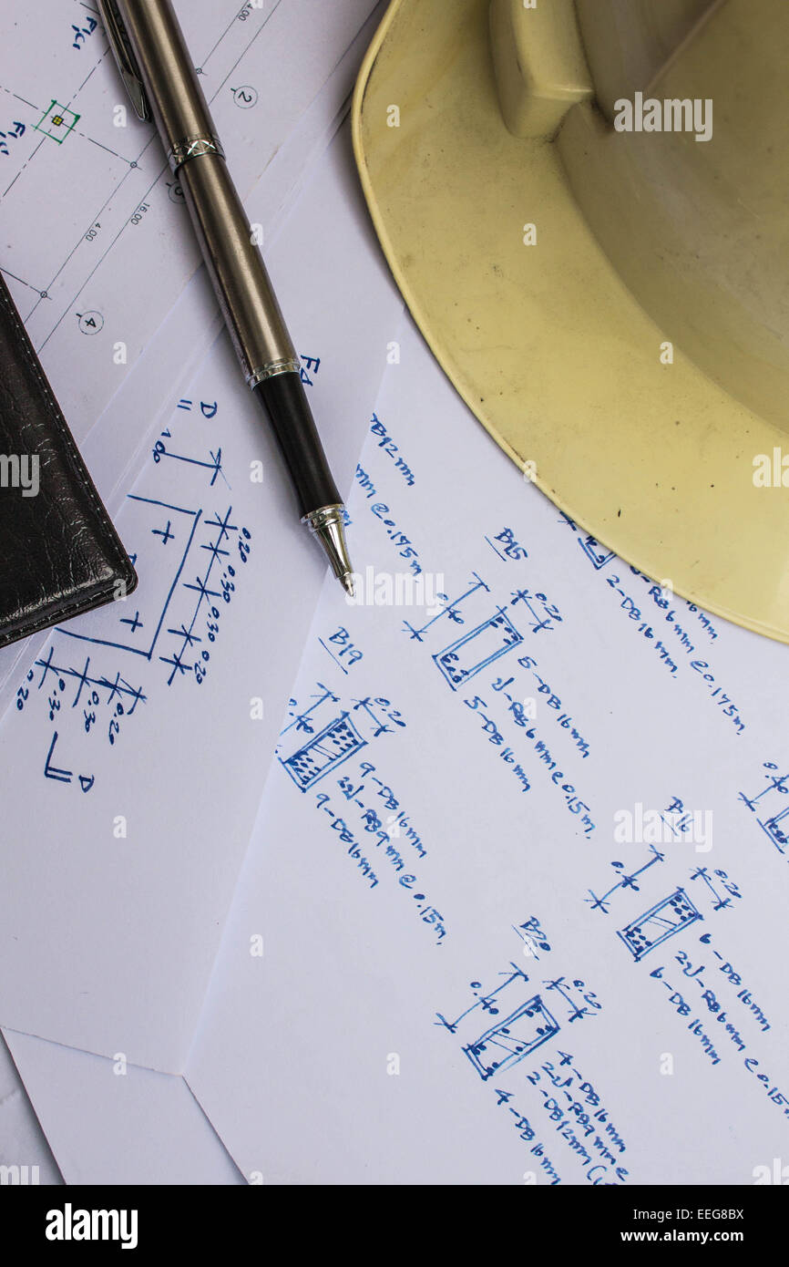 Drawings and tools on the table of engineers Stock Photo - Alamy