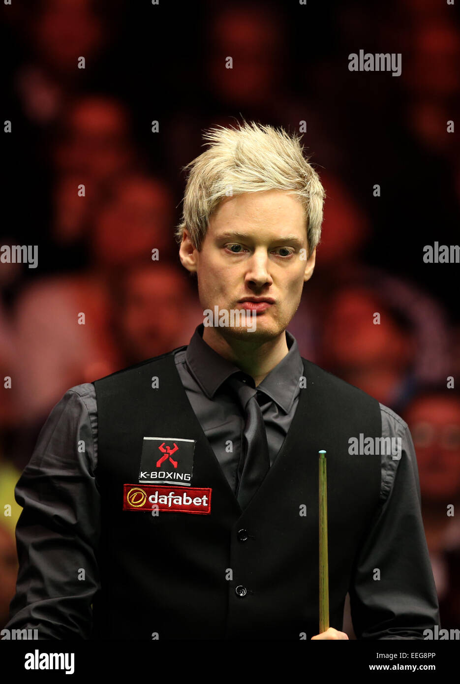London, Britain. 17th Jan, 2015. Neil Robertson of Australia reacts ...