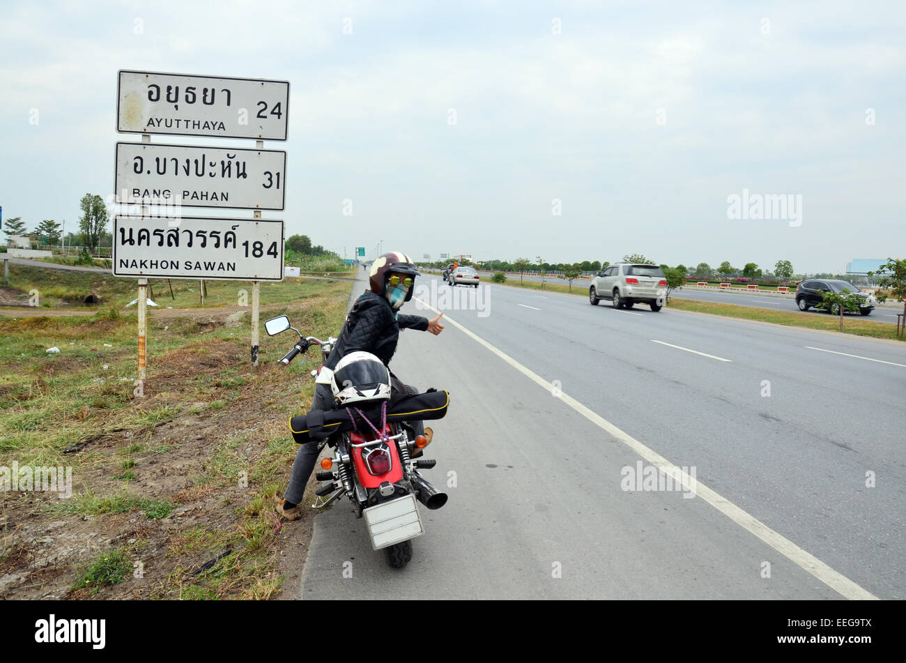 Thai woman riding chopper motorcycle on the way go to Ayutthaya with ...