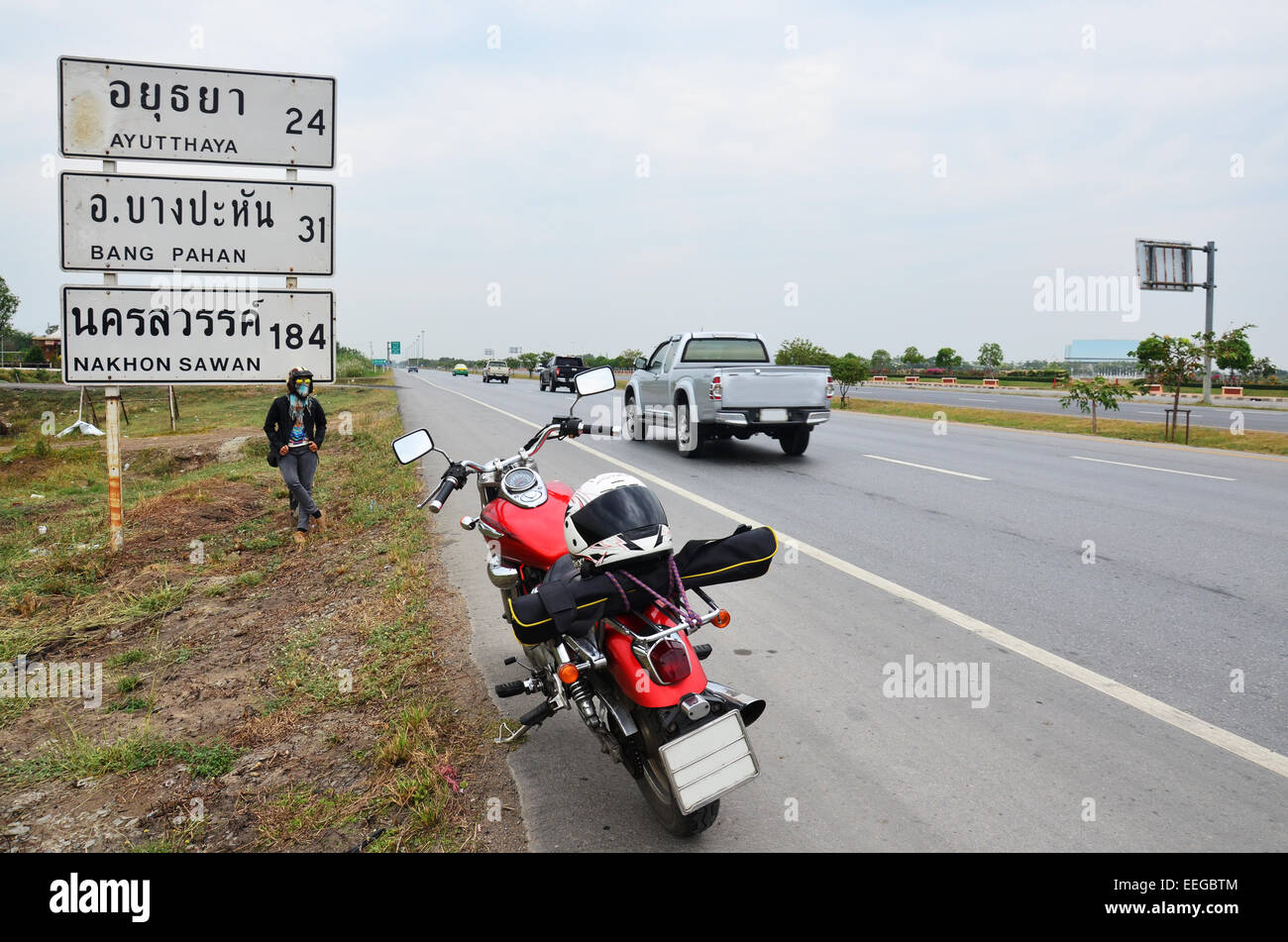 Thai woman riding chopper motorcycle on the way go to Ayutthaya with ...
