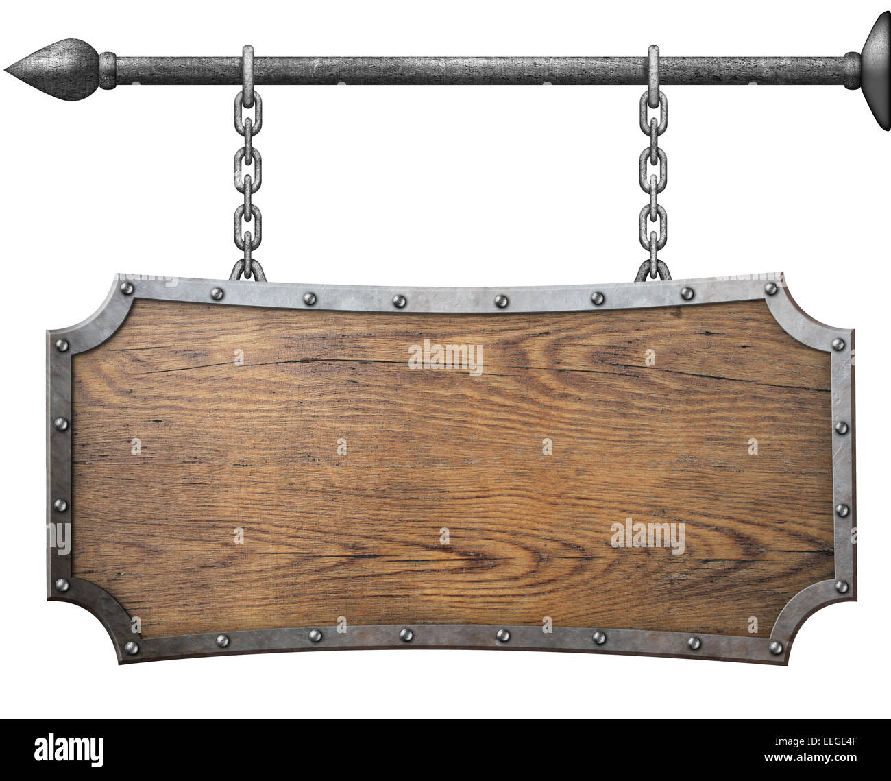 wood sign hanging on metal chain isolated Stock Photo - Alamy