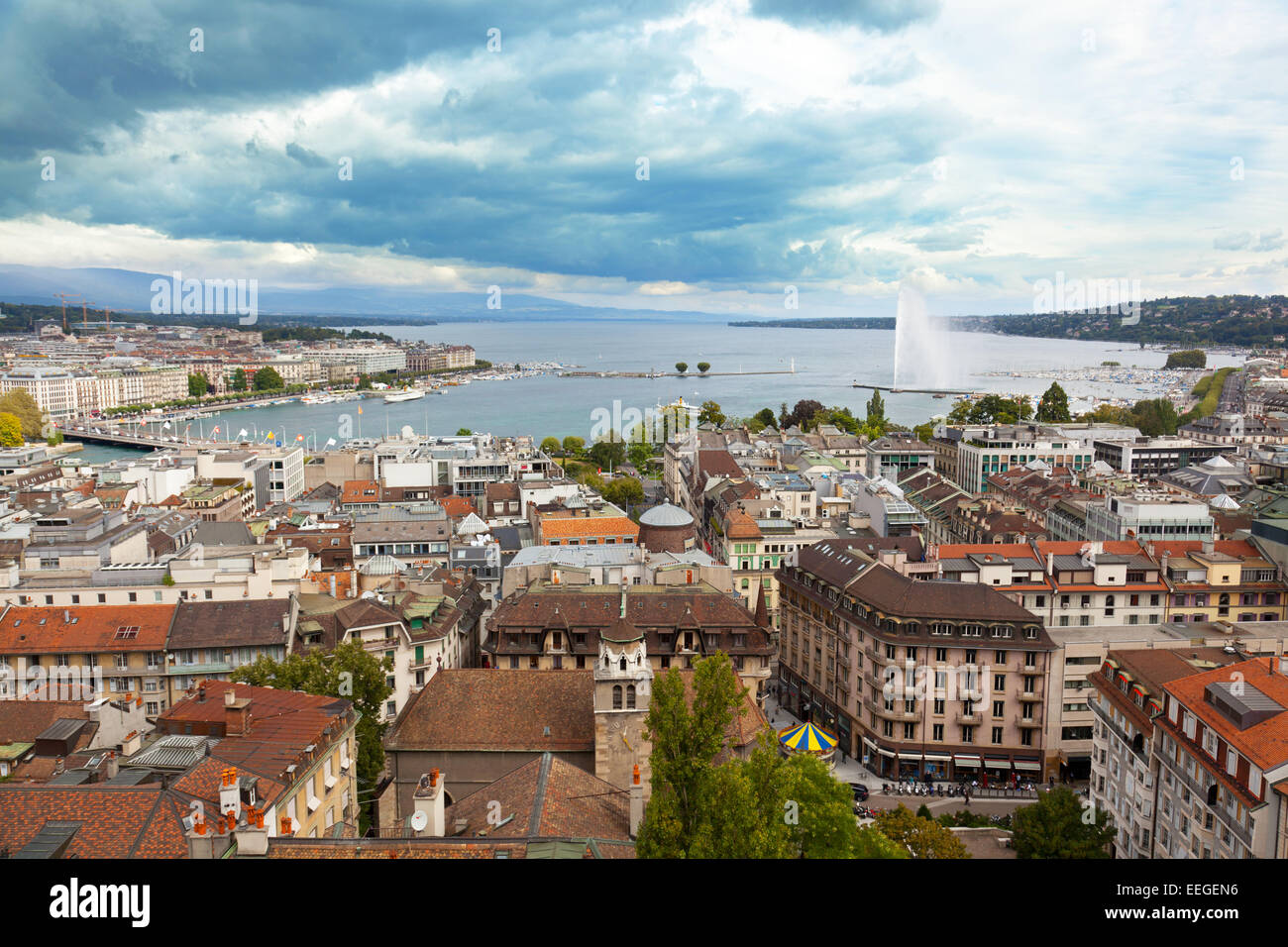 A fountain Jet dEau rises over the waterfront of Lake Geneva, Geneva ...