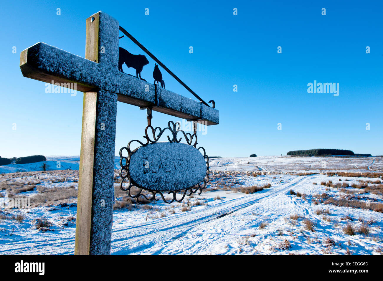 Mynydd Epynt, Powys, UK. 18th January, 2015. A frosty farm sign is seen ...