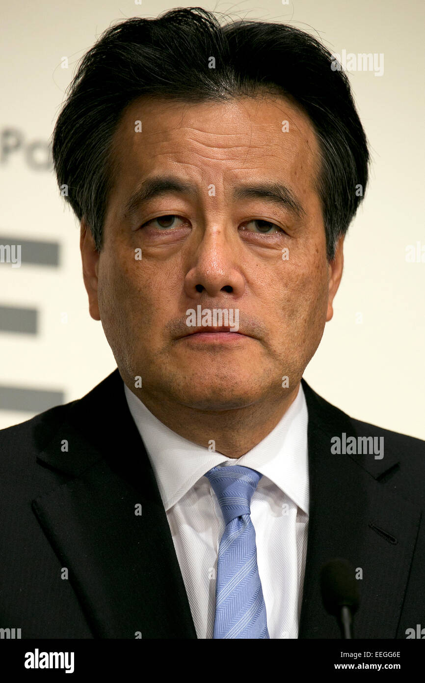 Tokyo, Japan. 18th Jan, 2015. Katsuya Okada answers questions from ...