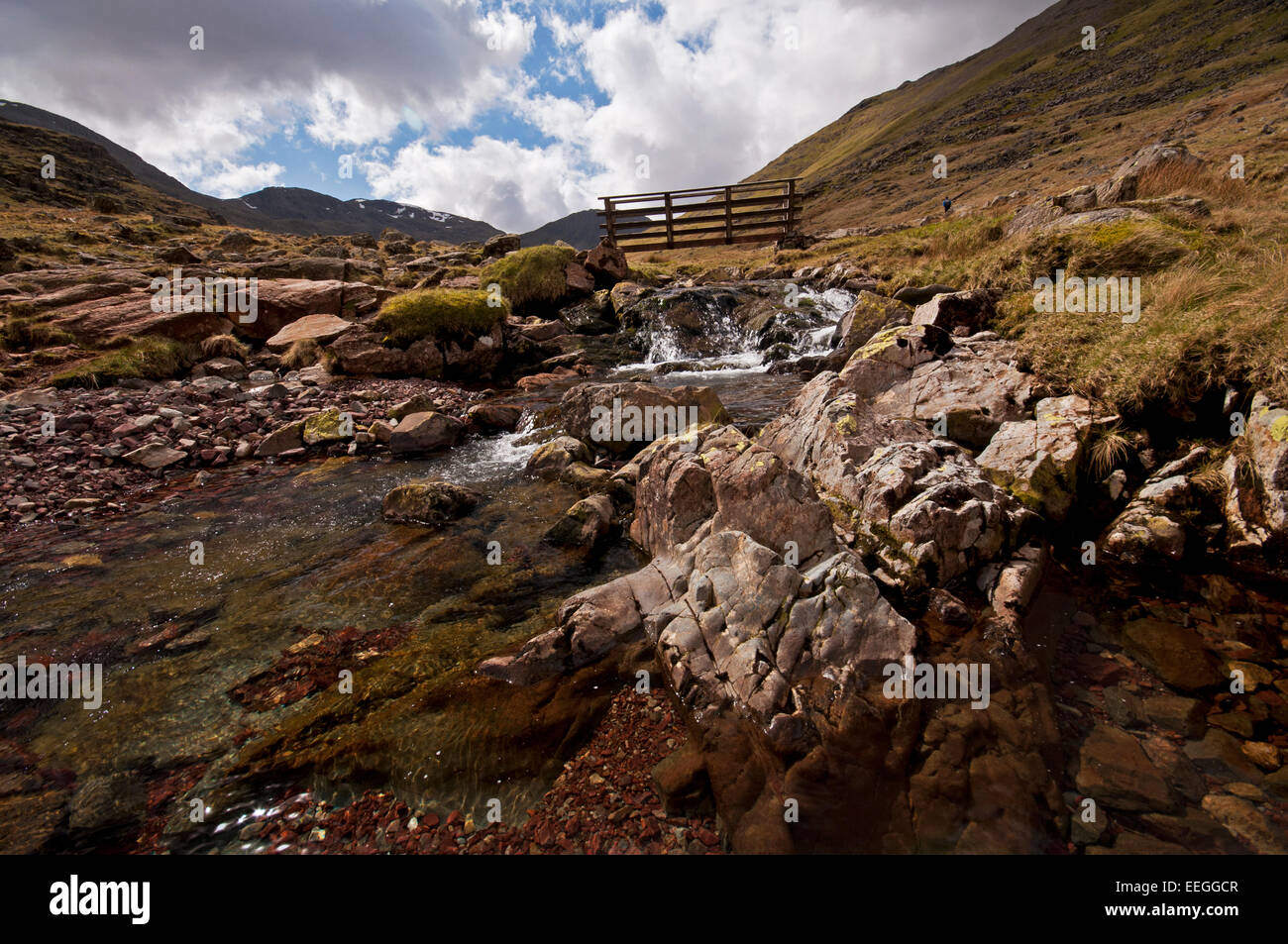 Wooden Bridge over Styhead Gill. The waters of the gill drain from ...