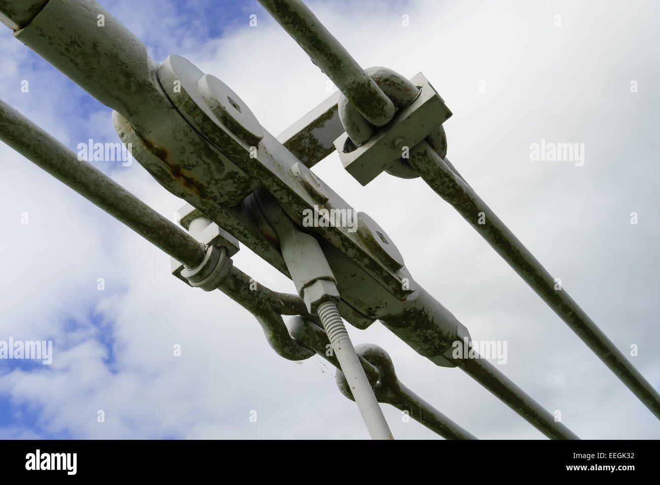Detail of the iron suspension rods on the Victorian chainbridge across ...