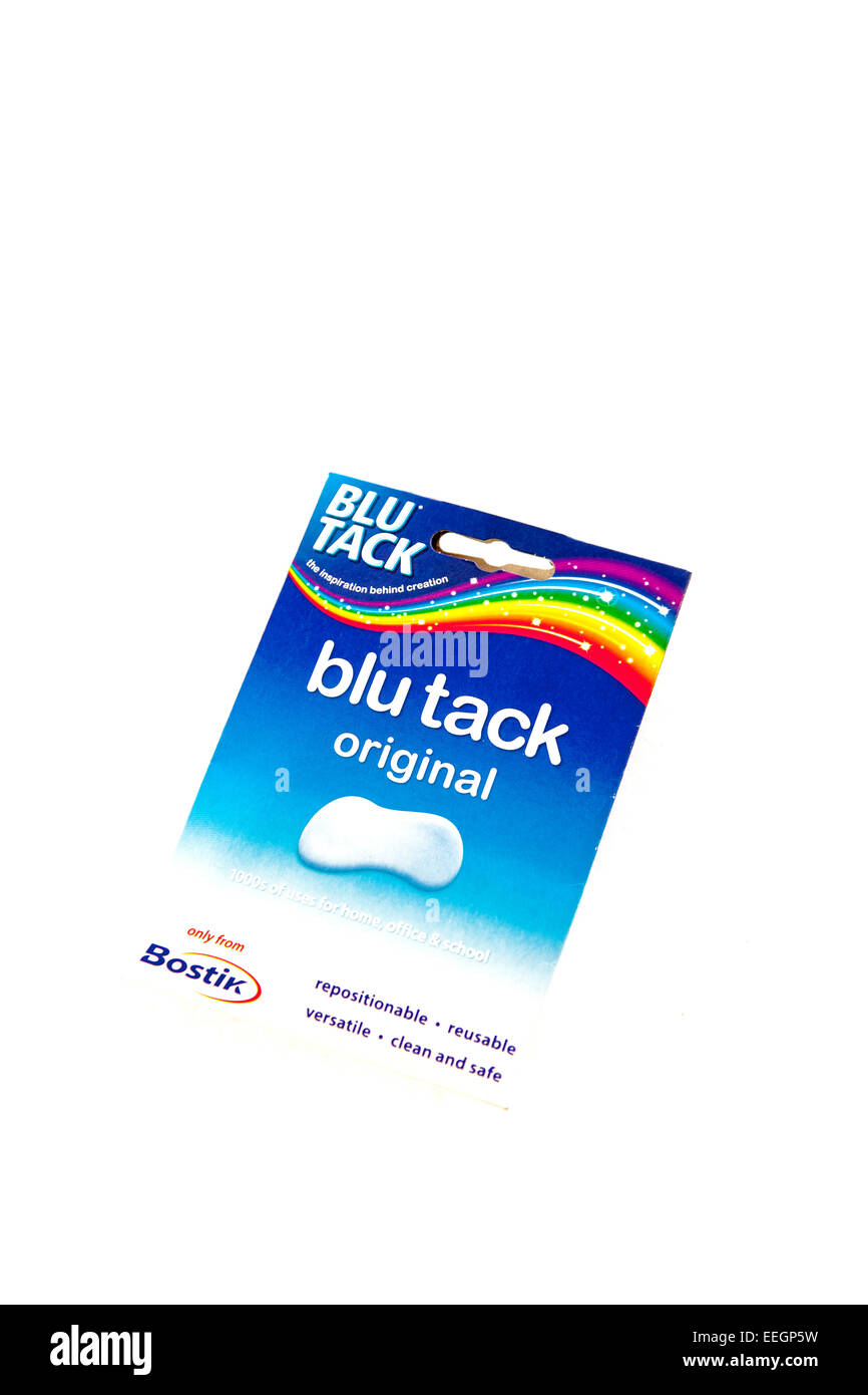 Blu tack pack packet card of Bostik make trade mark cut out copy space ...