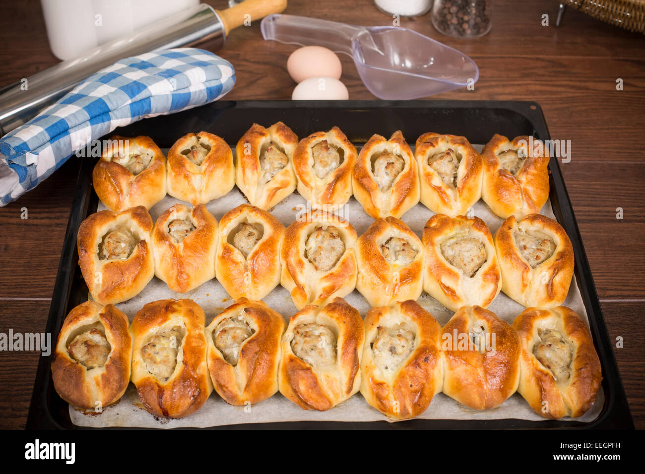 Pie snack from yeast-fermented sponge dough with fish stuffing Stock ...