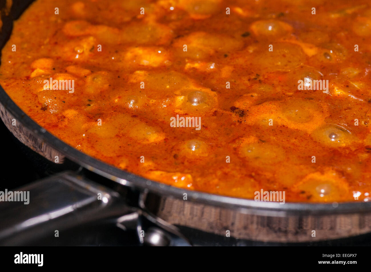 A macro photograph of a chicken curry simmering in a frying pan Stock ...