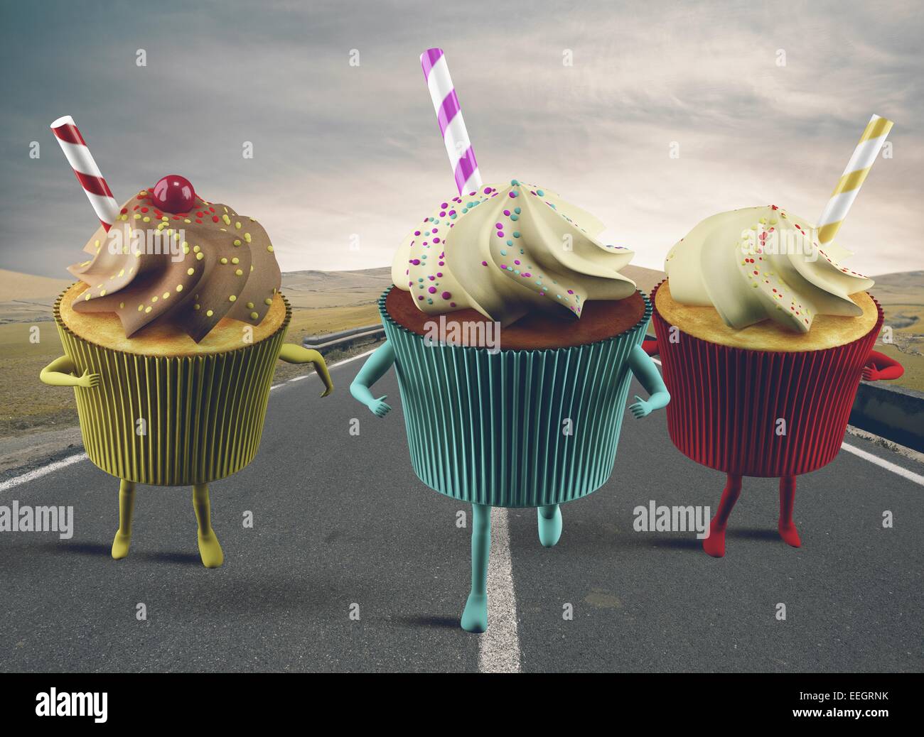 Big colorful cupcakes run on the road Stock Photo - Alamy