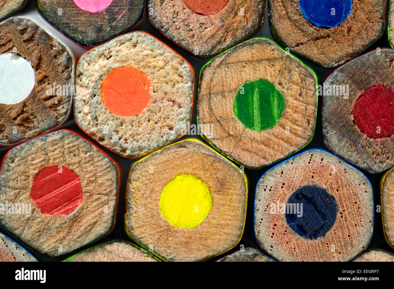 Colour pencil ends forming hexagon shaped pattern Stock Photo - Alamy
