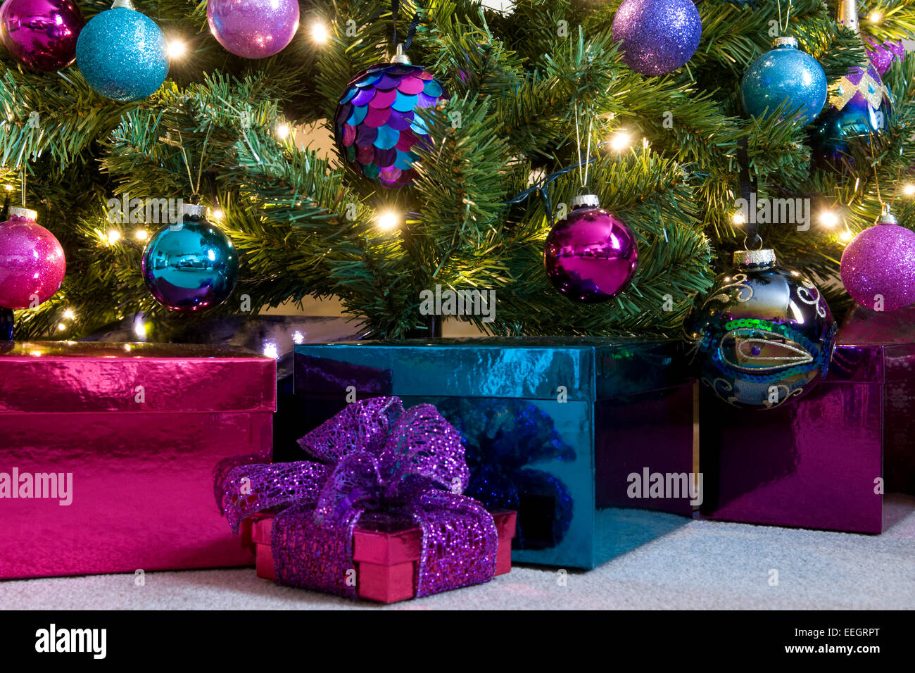 Christmas presents tree wrapped lights High Resolution Stock ...