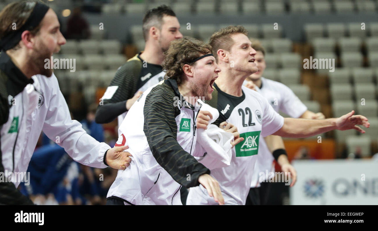 Doha, Qatar. 18th Jan, 2015. Team Germany celebrates the win during the ...