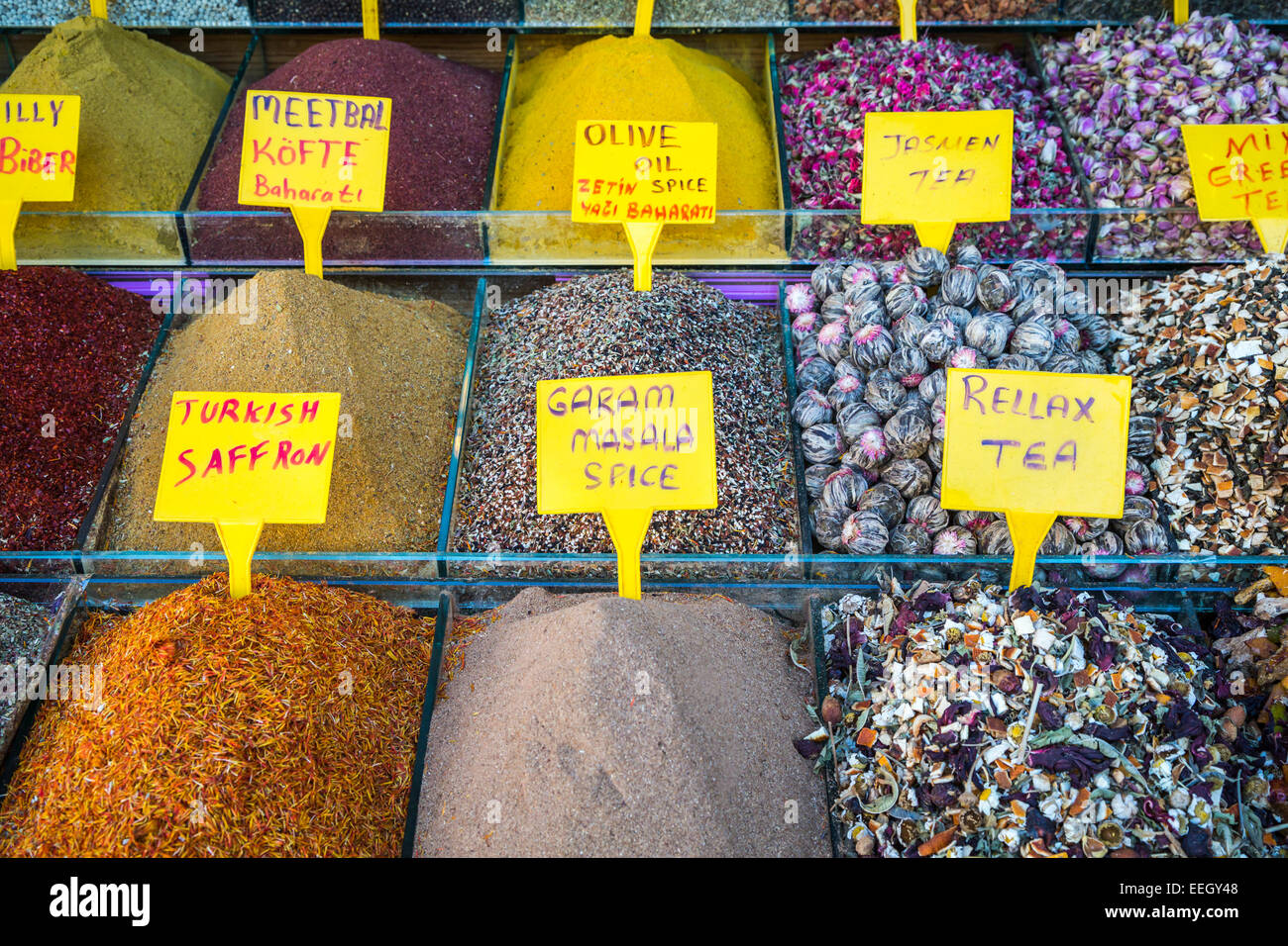 A display of a variety of spices and nuts at a spice store in ...