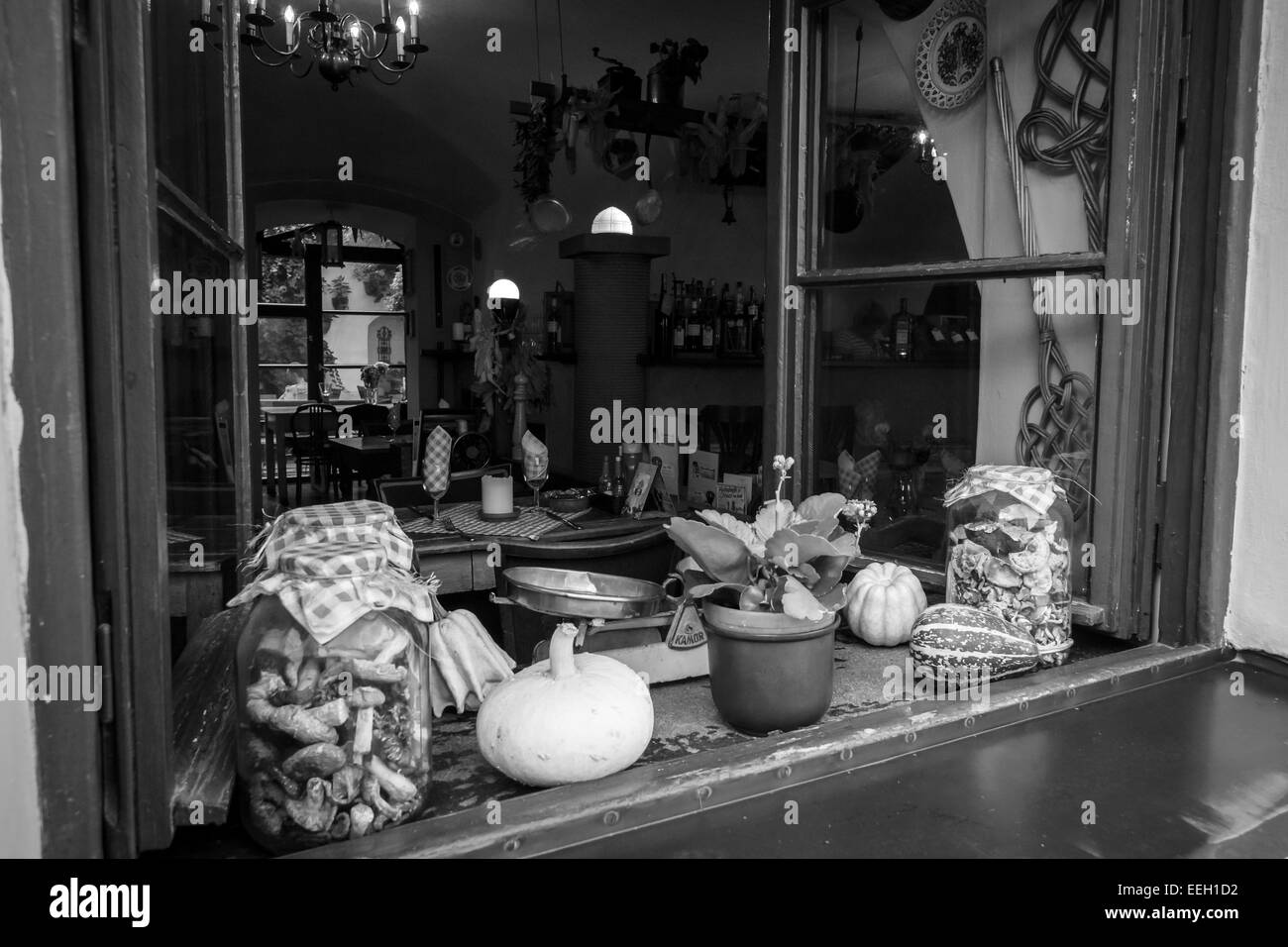 Prague czech restaurant window Black and White Stock Photos & Images ...