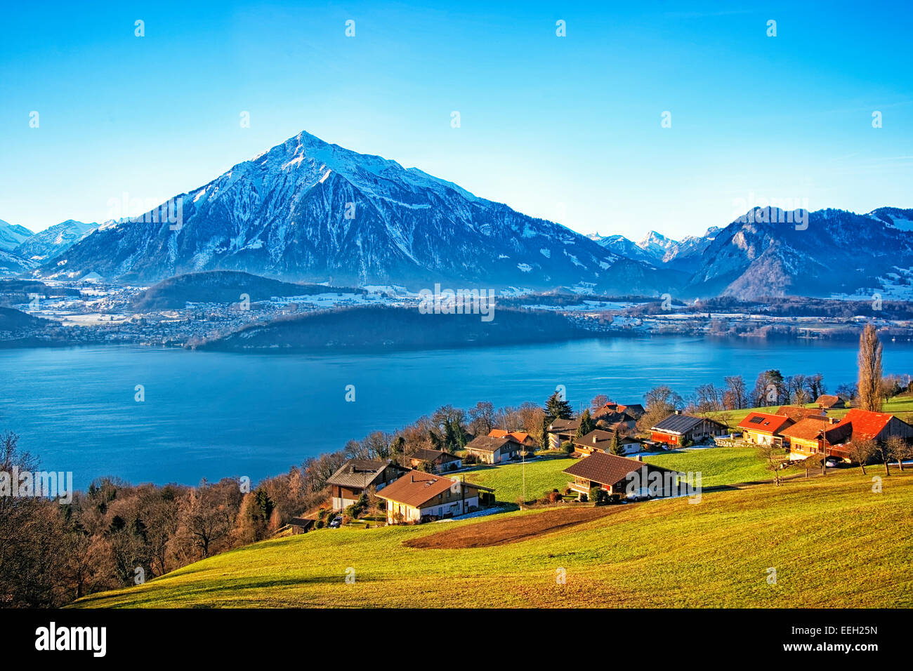 Swiss Thun Lake view in winter Stock Photo - Alamy