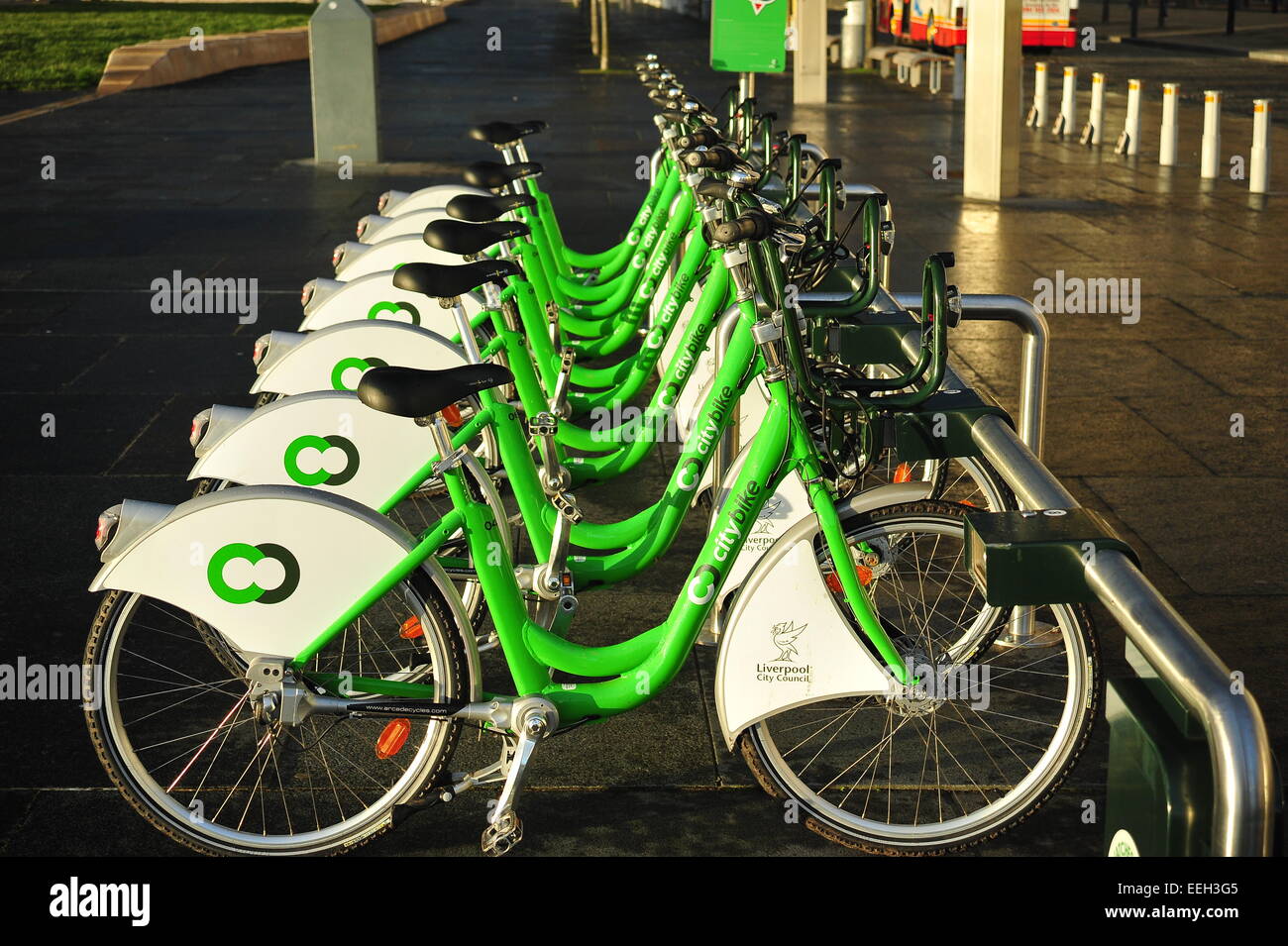 City Bike rental bicycles on their stand at Liverpool's Pier Head ...