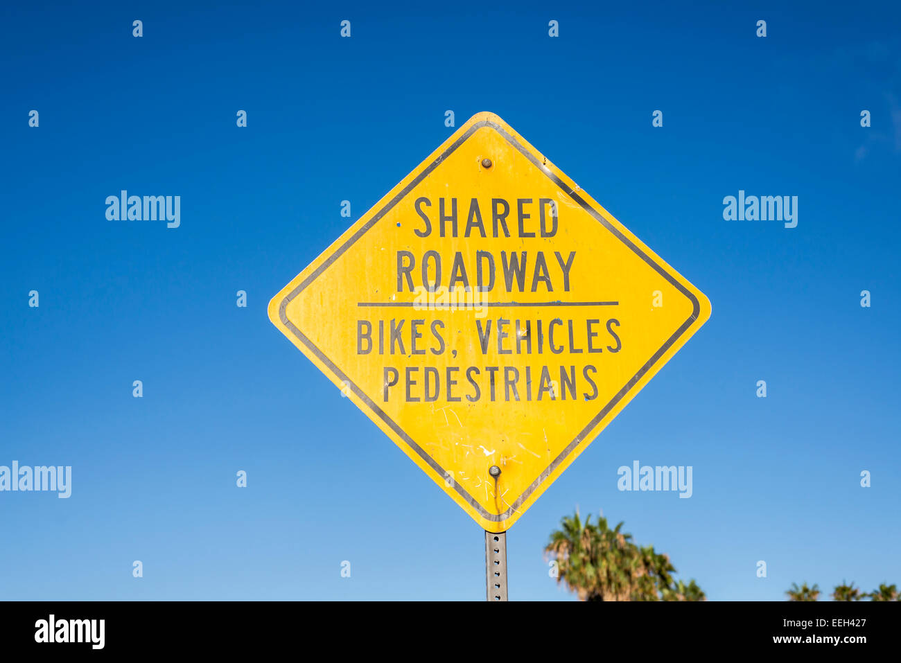 Shared roadway sign. Bikes, vehicles, pedestrians Stock Photo - Alamy