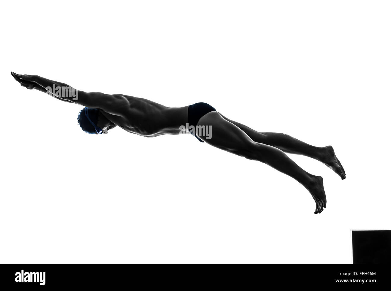 one young man swimmer swimming in silhouette on white background Stock ...
