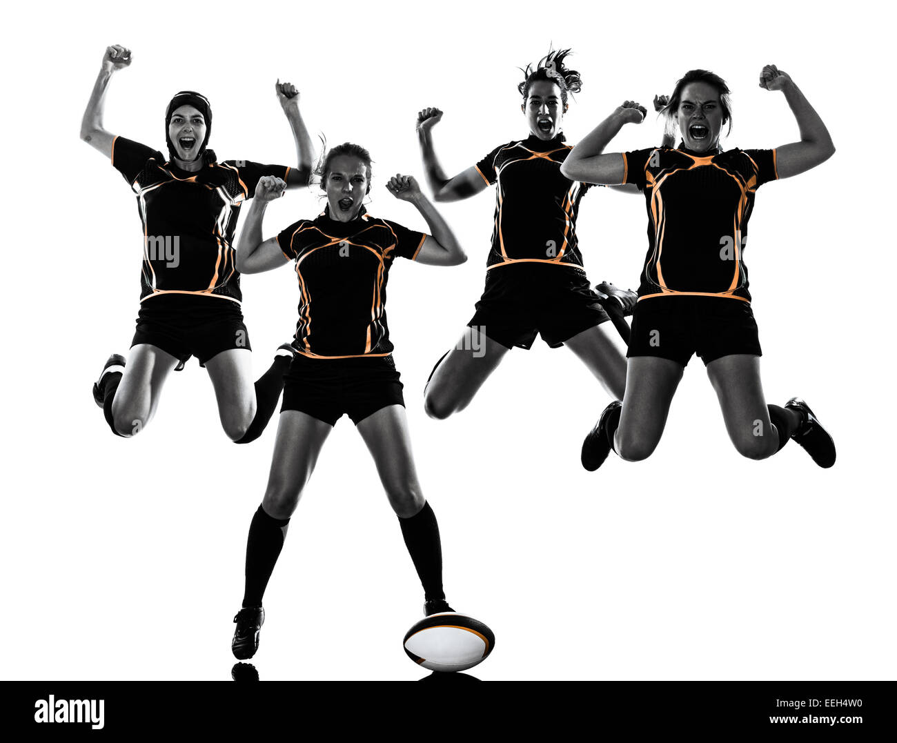 rugby women players team celebration in silhouette isolated on white ...