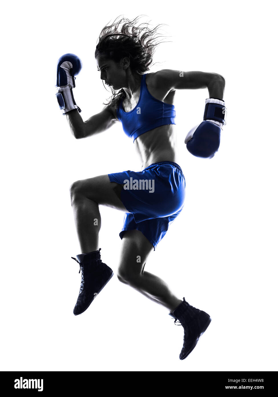 One Woman Boxer Boxing Kickboxing In Silhouette Isolated On White