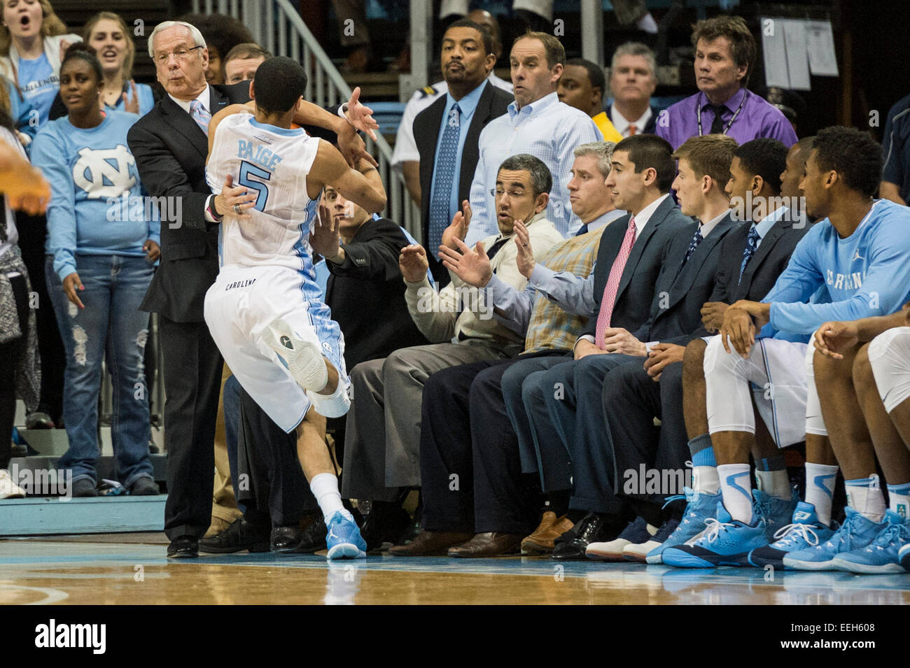 Chapel Hill, NC, USA. 18th Jan, 2015. UNC G Marcus Paige (5) runs into ...