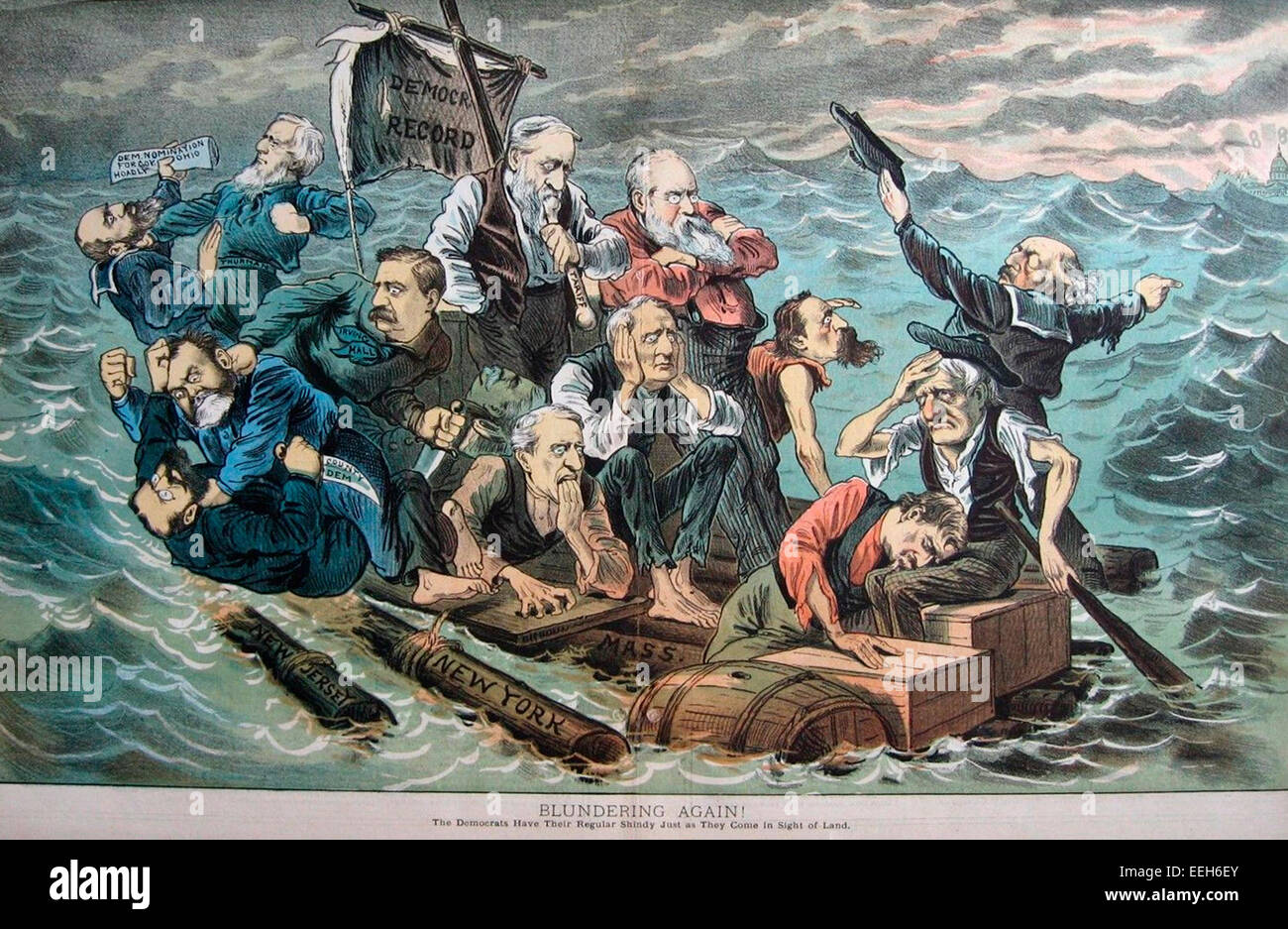 A group of Democrats on a log raft that is breaking up within sight of ...