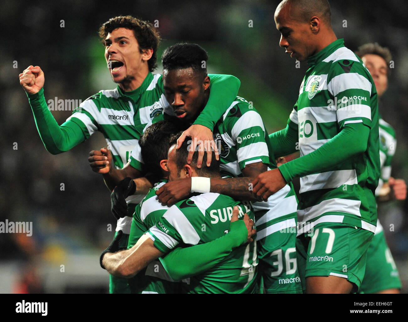 Lisbon. 18th Jan, 2015. Players of Sporting Lisbon celebrate during a ...