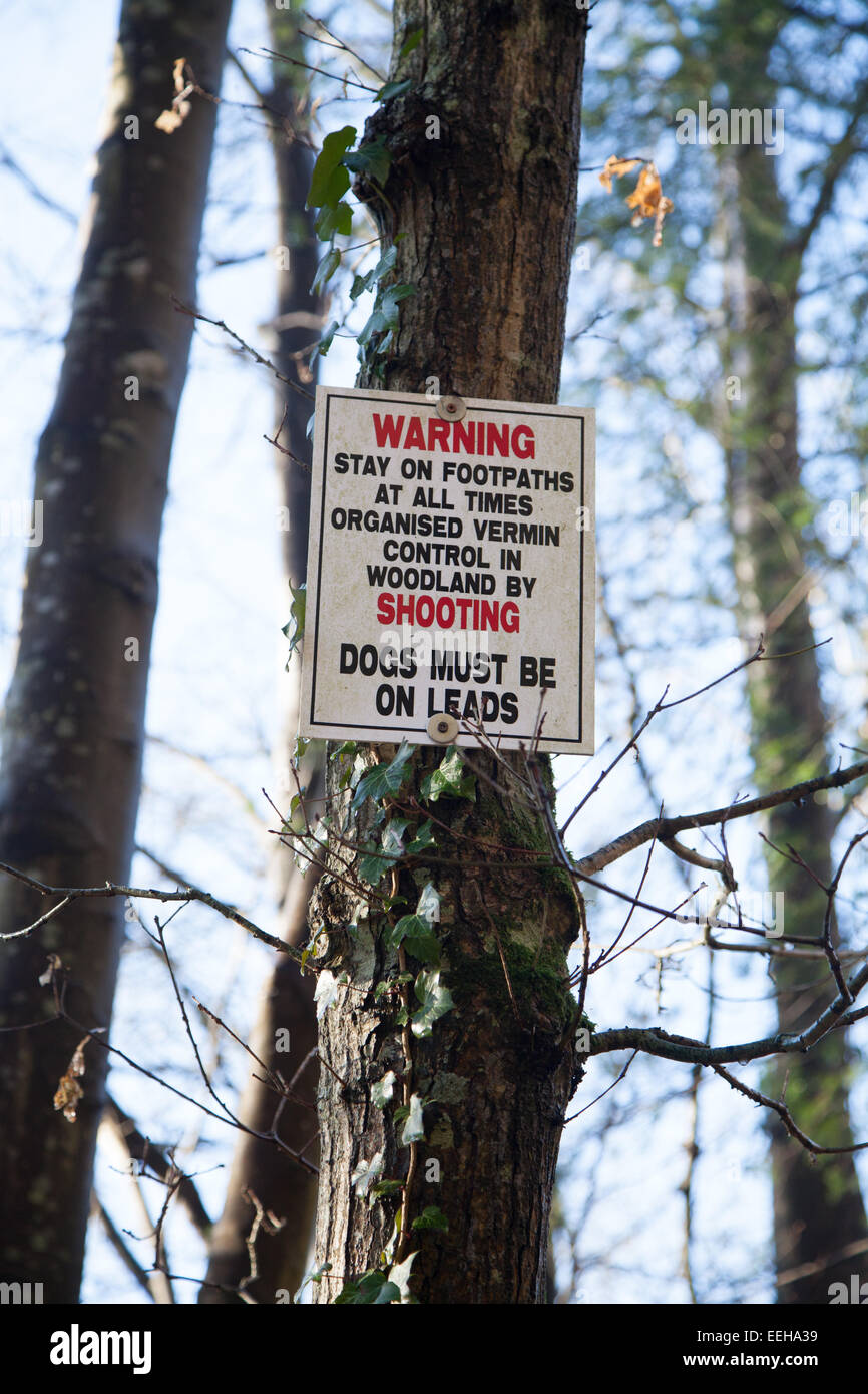 Gamekeeper's signage warning on trees of Game birds in the countryside ...