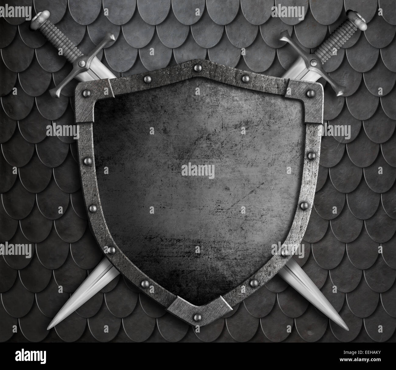 medieval shield with two crossed swords over scales armour background ...