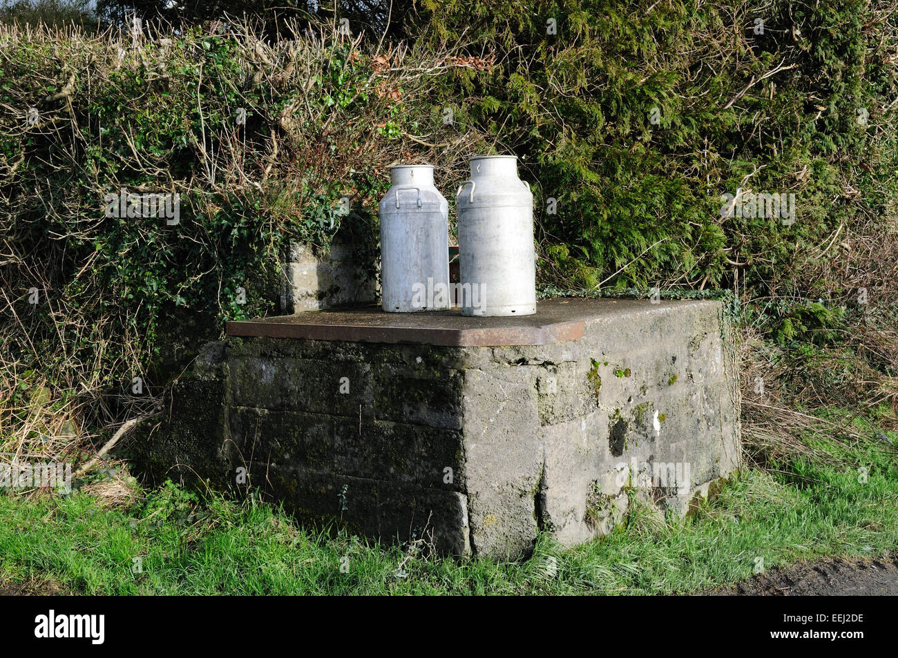 Old milk churns on a milk churn stand at a farm entrance Pembrokeshire ...