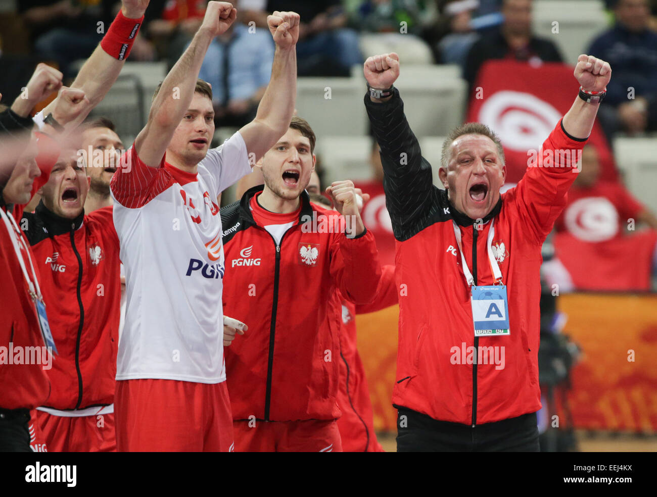 The polish bench reacts after a score during the men's Handball World ...