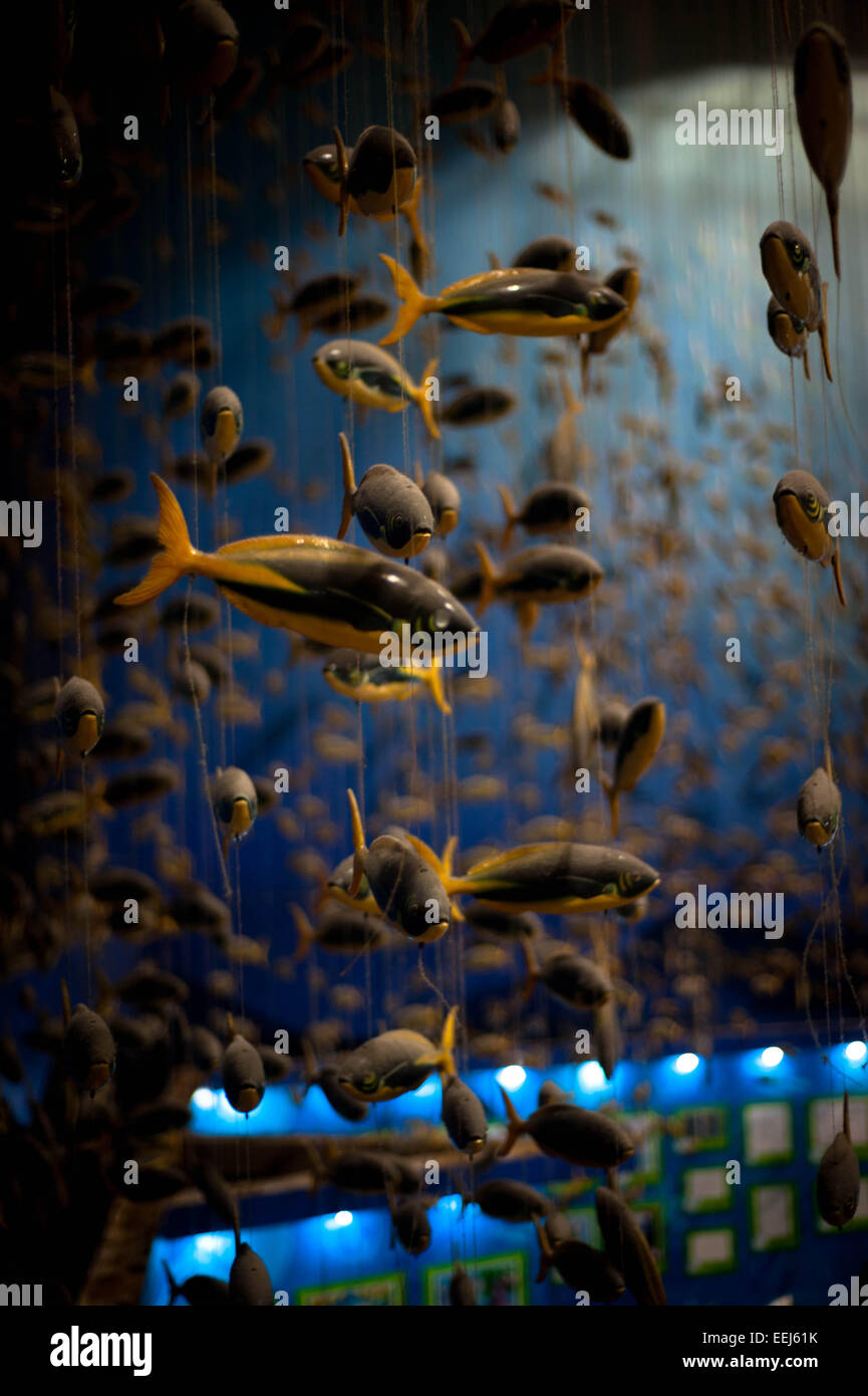 Plastic fish hanging from the ceiling at the Beijing Aquarium, Beijing ...