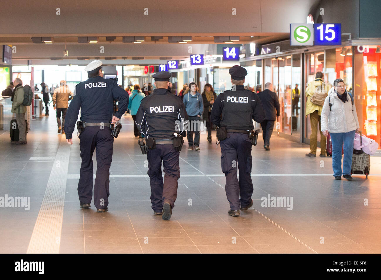 Berlin, Germany. 17th Jan, 2015. Police patrol through the central ...