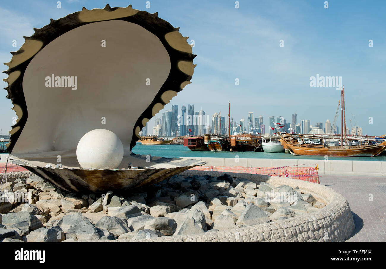 A general view of the Pearl Monument in Dhow Harbour in front of the ...
