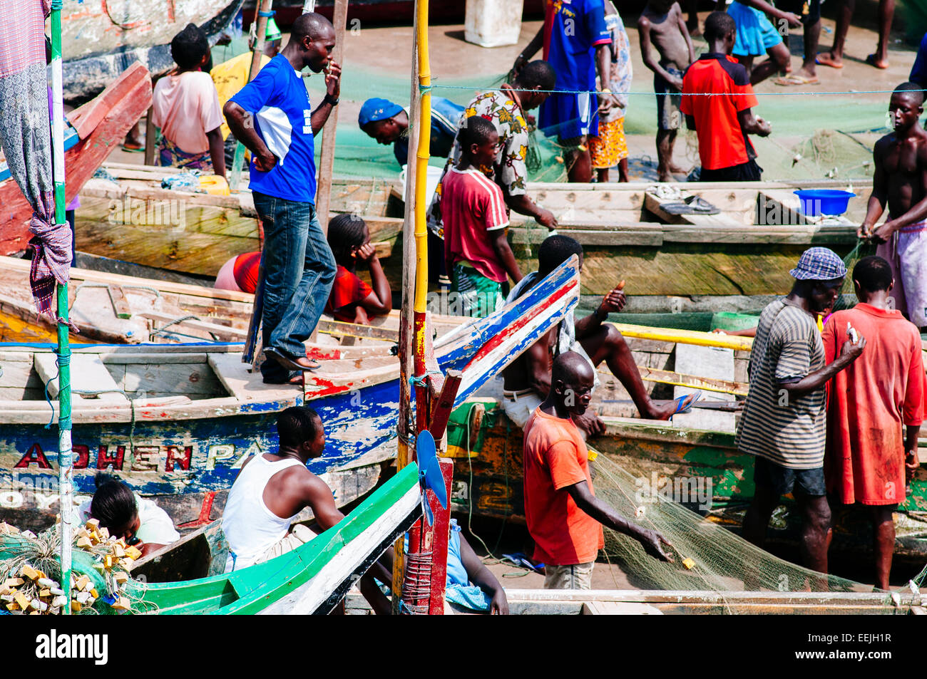 Fishermen with fishing boats on the beach, Cape Coast, Ghana Stock ...